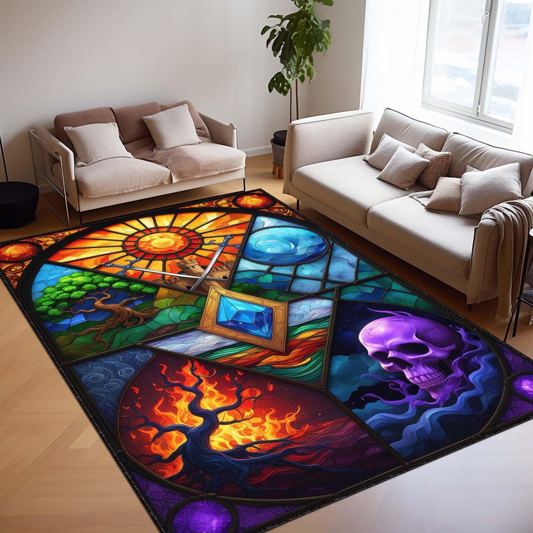 Medieval Magic Hallway Carpet, Fantasy Stained Glass Rug, Elemental Art ...