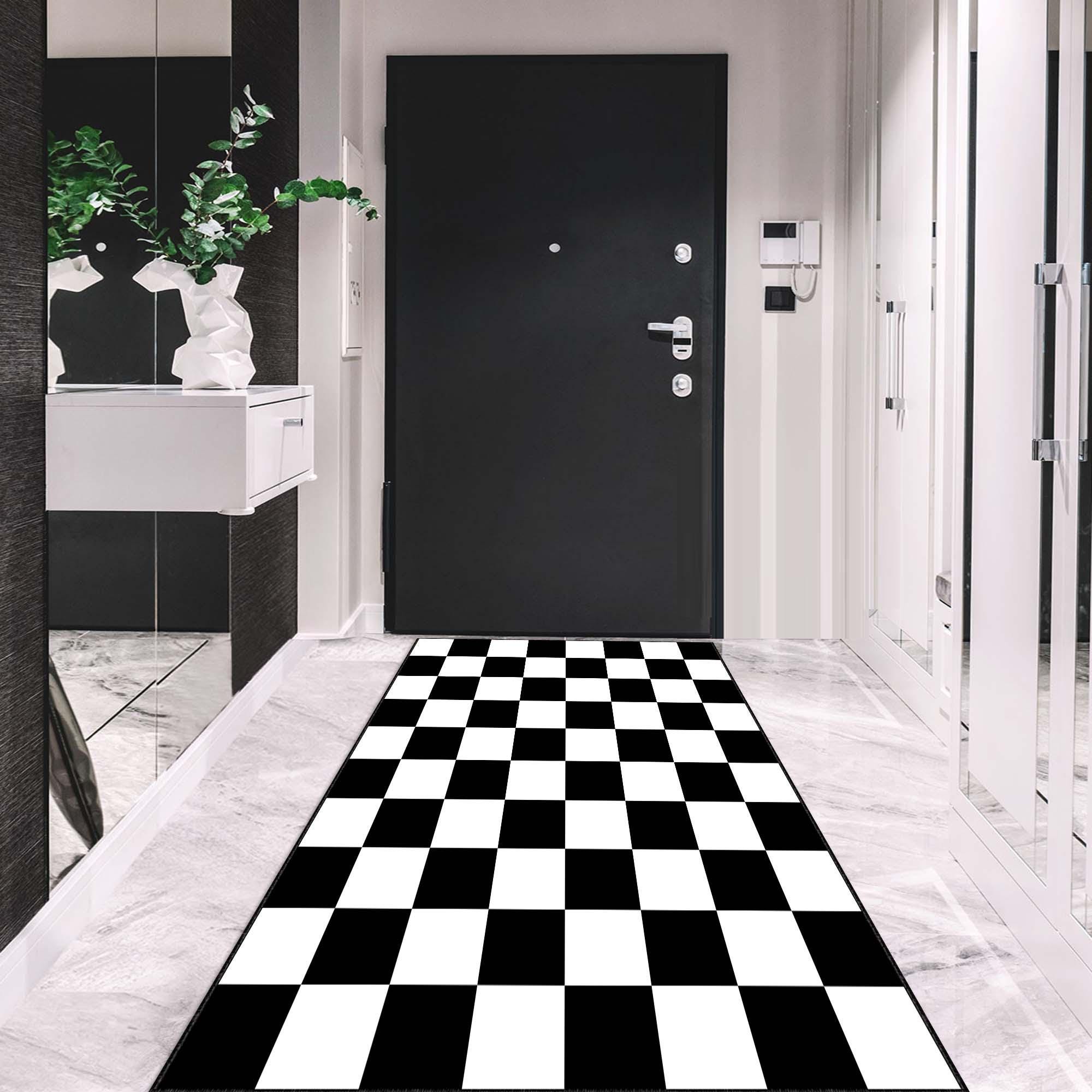 Checkered Runner Rug, Black and White Geometric Area Rug, Minimalist ...