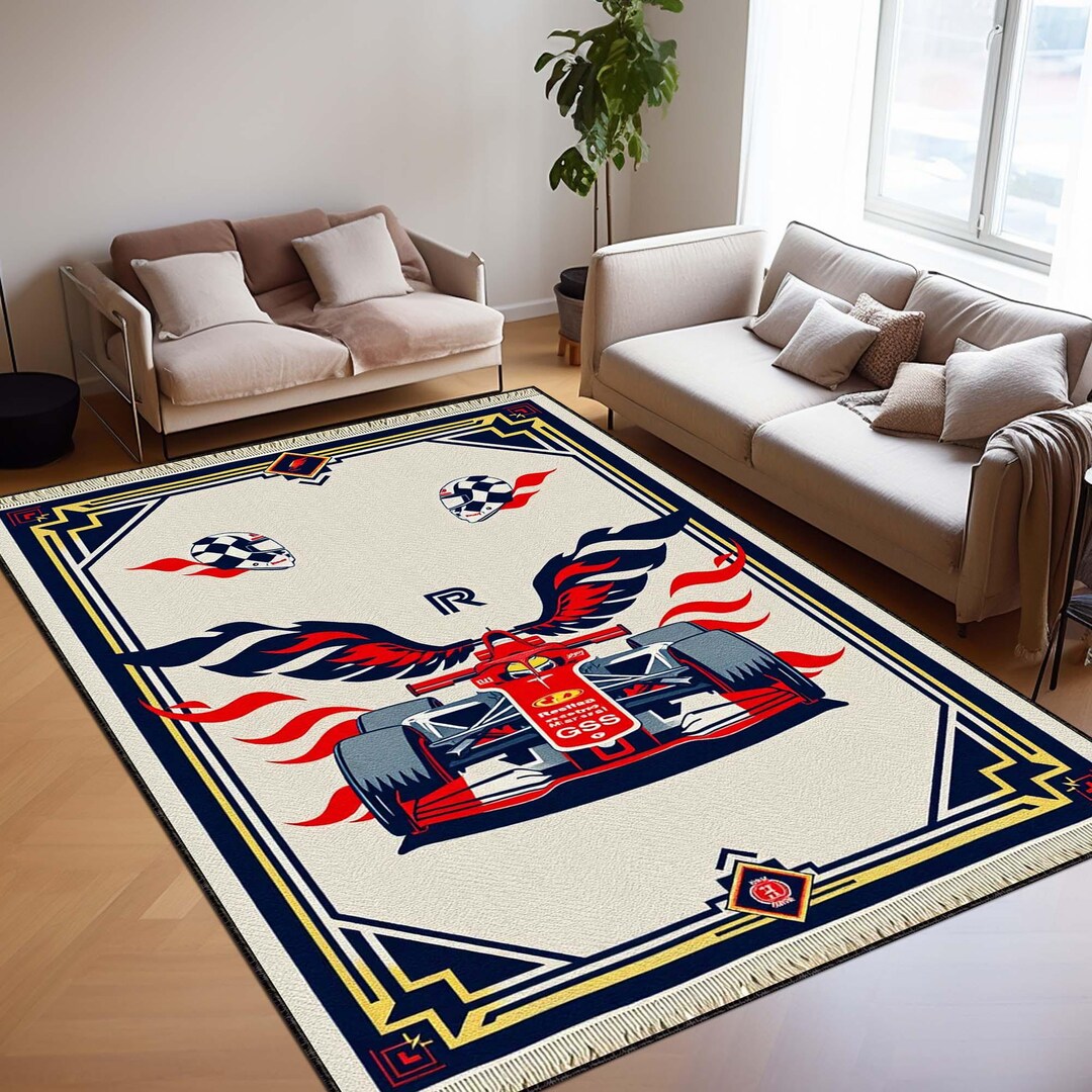 F1 Racing Area Rug, Race Car Bedroom Rug, Checkered Flag Carpet, Boys ...
