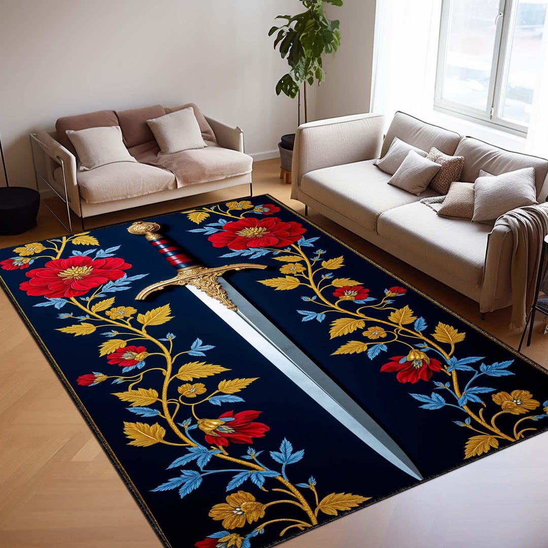 Medieval Sword Area Rug, Fantasy Weapon Carpet, Floral Decor Rug ...