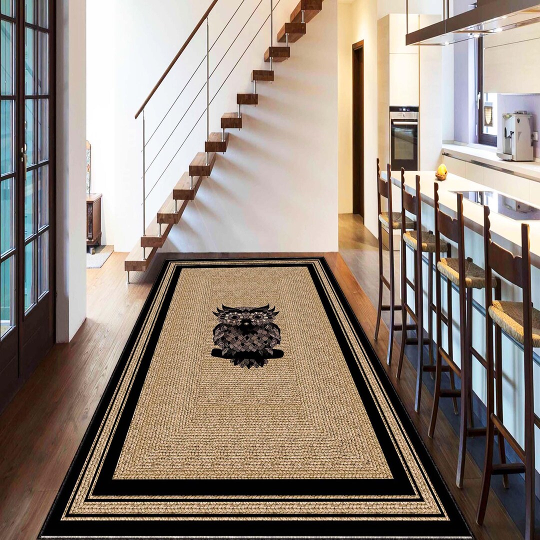 Woven Straw Look Owl Runner Rug, Natural Jute Style Carpet, Rustic ...