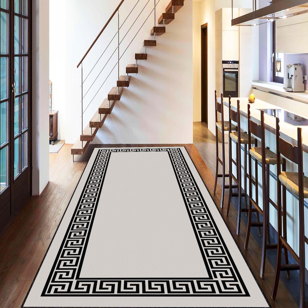 Luxury Black and White Runner Rug, Greek Key Border Design, Modern ...