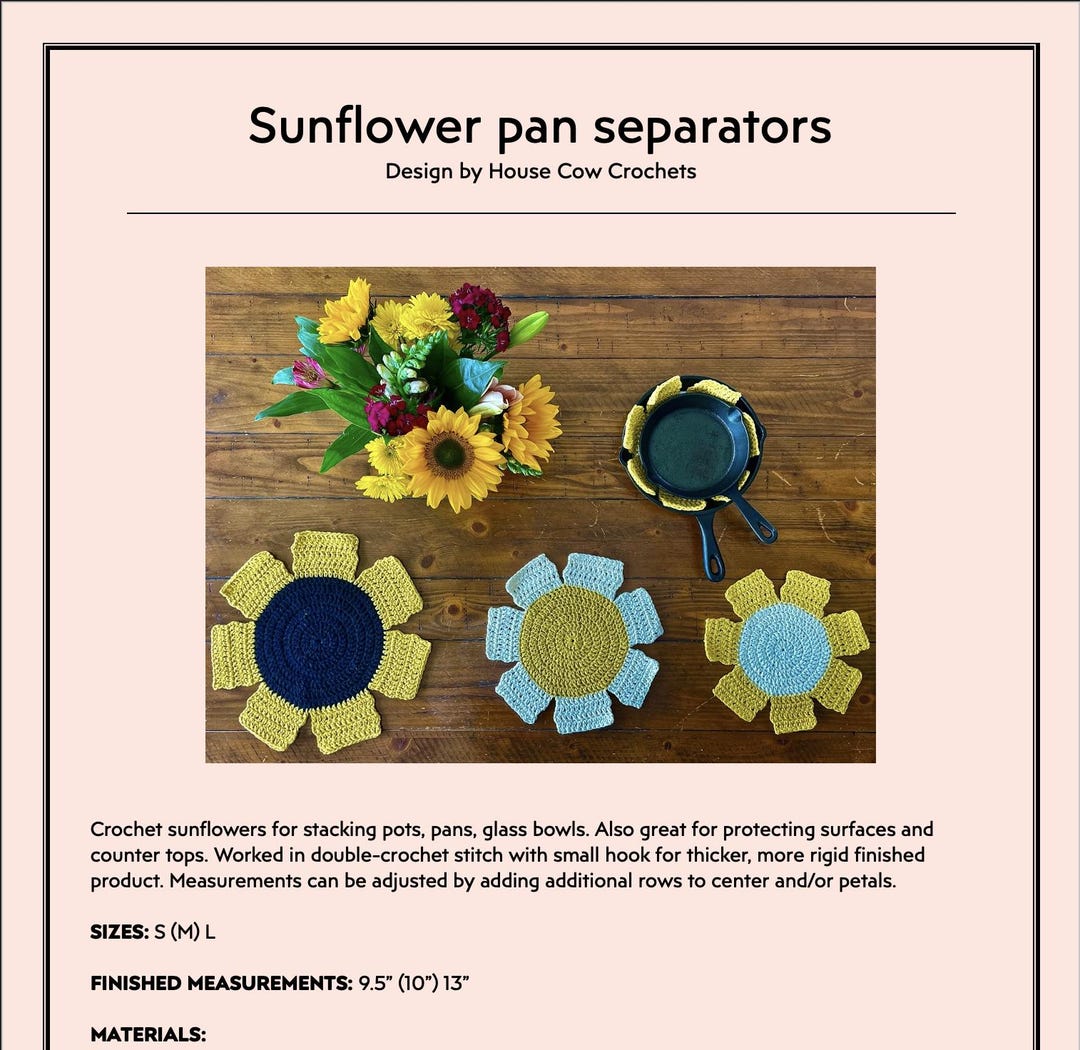 Crochet Pattern: Sunflower Pan/pot Liners or Glass Bowl Separators, 100 ...