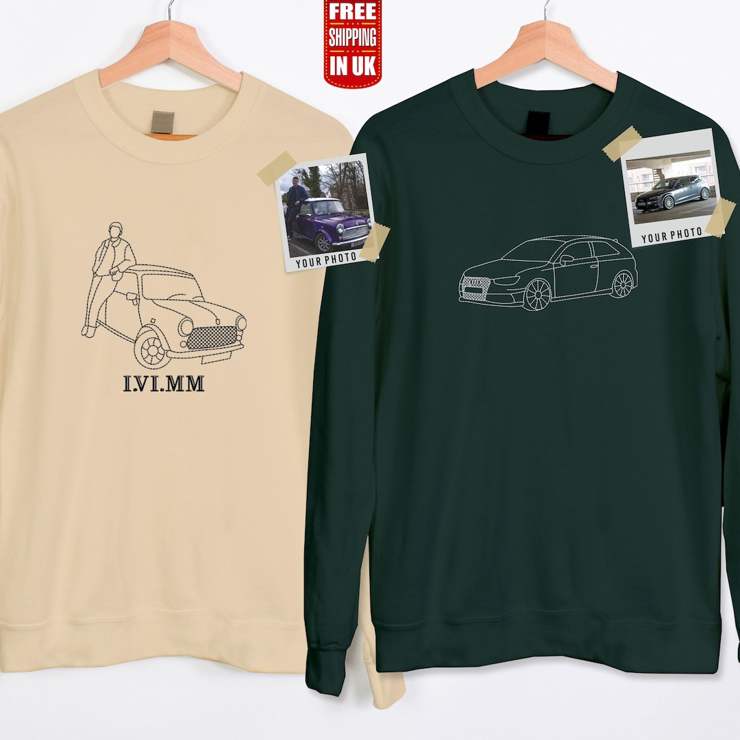 Personalised Car Embroidered Sweatshirt, Custom Photo Outline Portrait ...