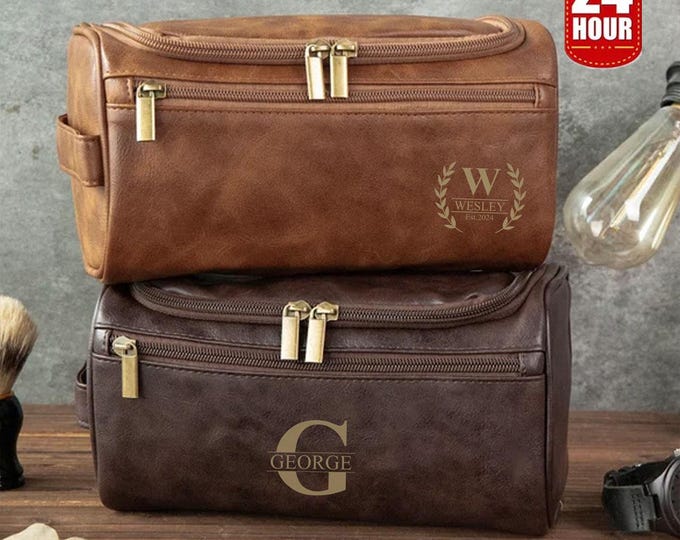 Leather Hanging Toiletry Bag for Men, Monogrammed Travel Organizer for ...