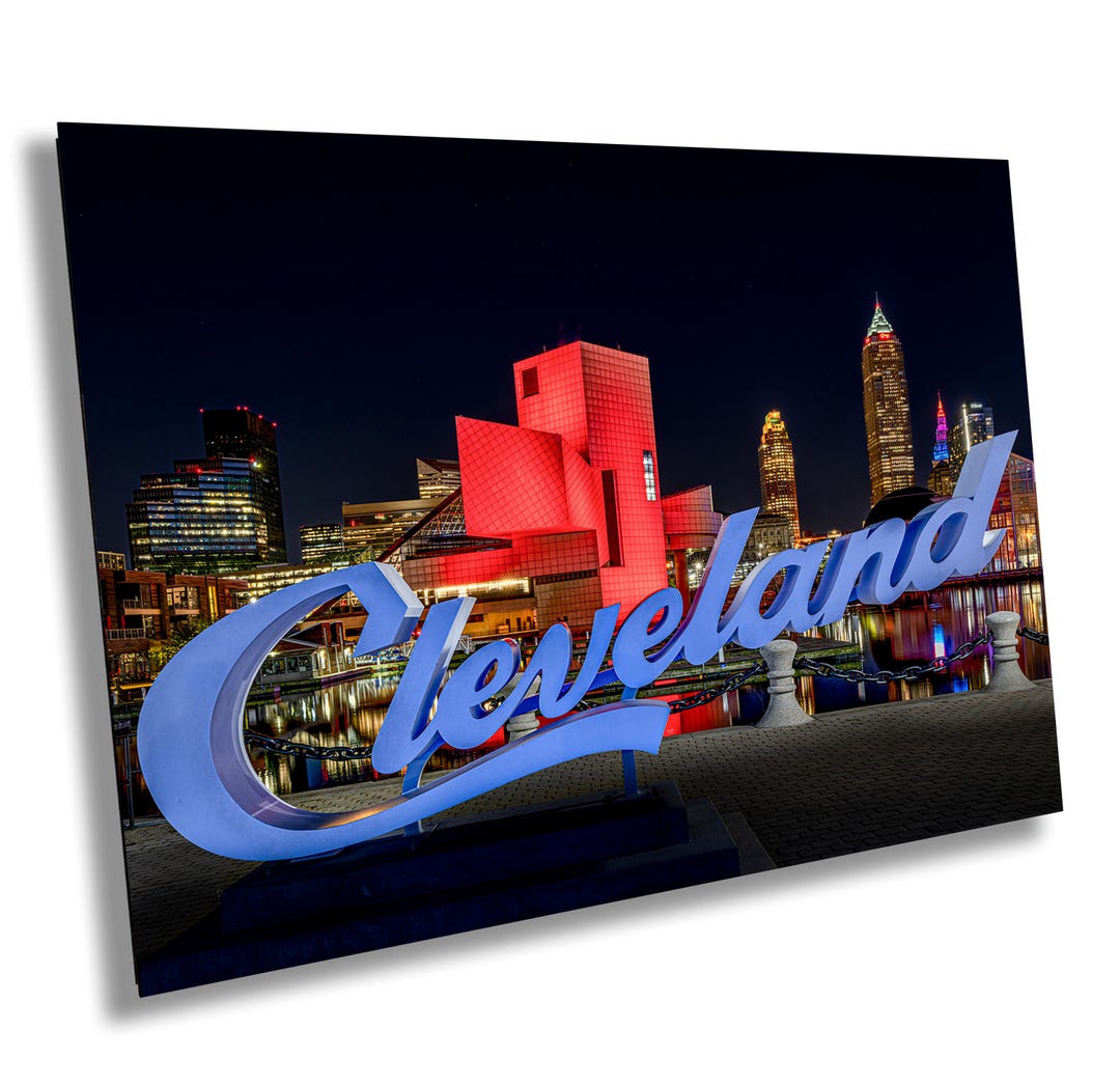 Cleveland Skyline at Night Art | Script Sign & Rock Hall Canvas, Metal ...