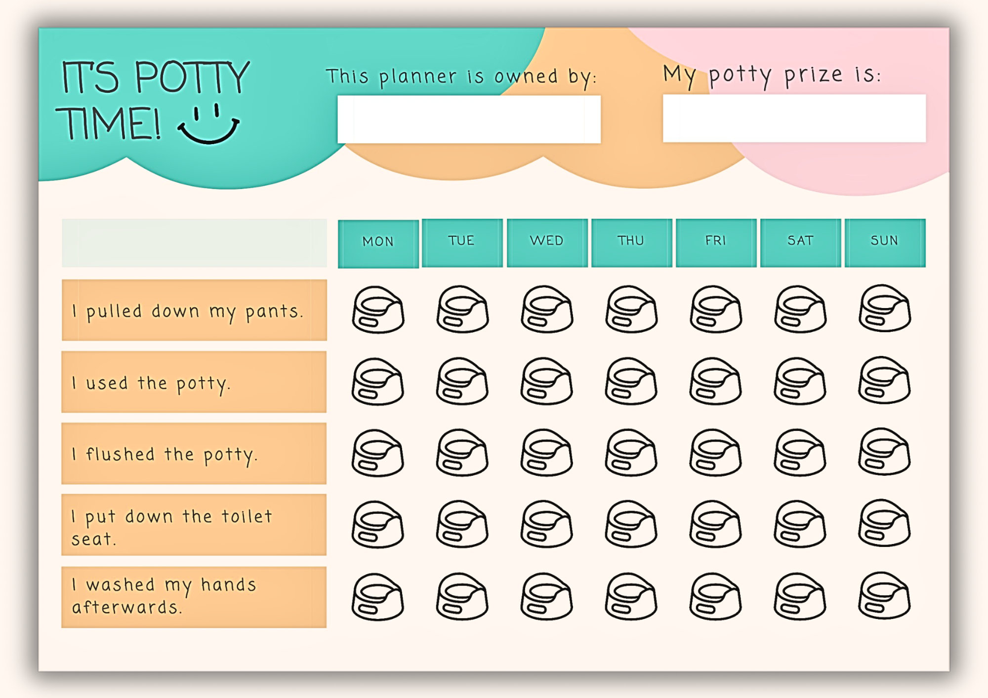 Kids Editable Potty Training Reward Chart | Printable Potty Training ...