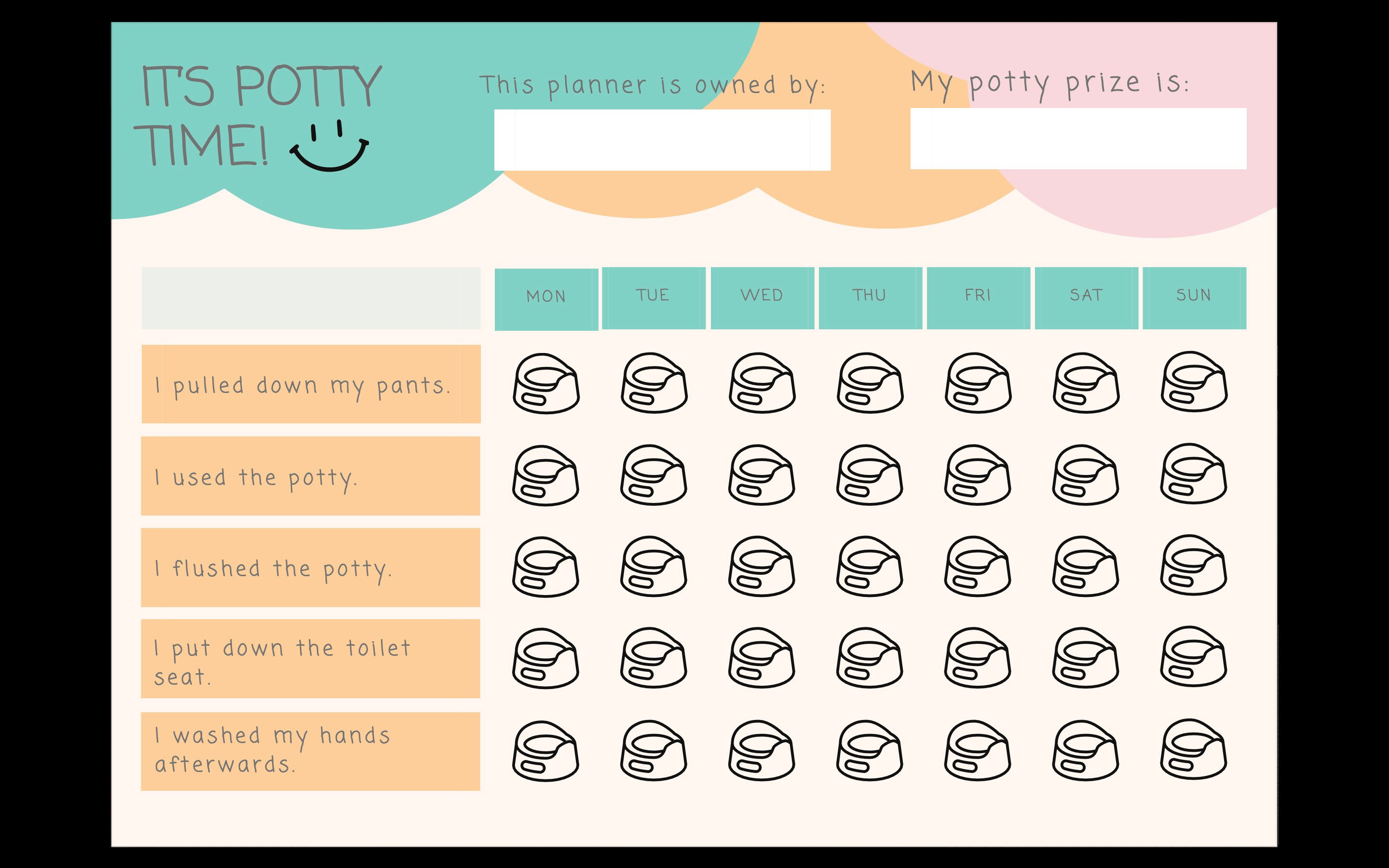 Kids Editable Potty Training Reward Chart | Printable Potty Training ...