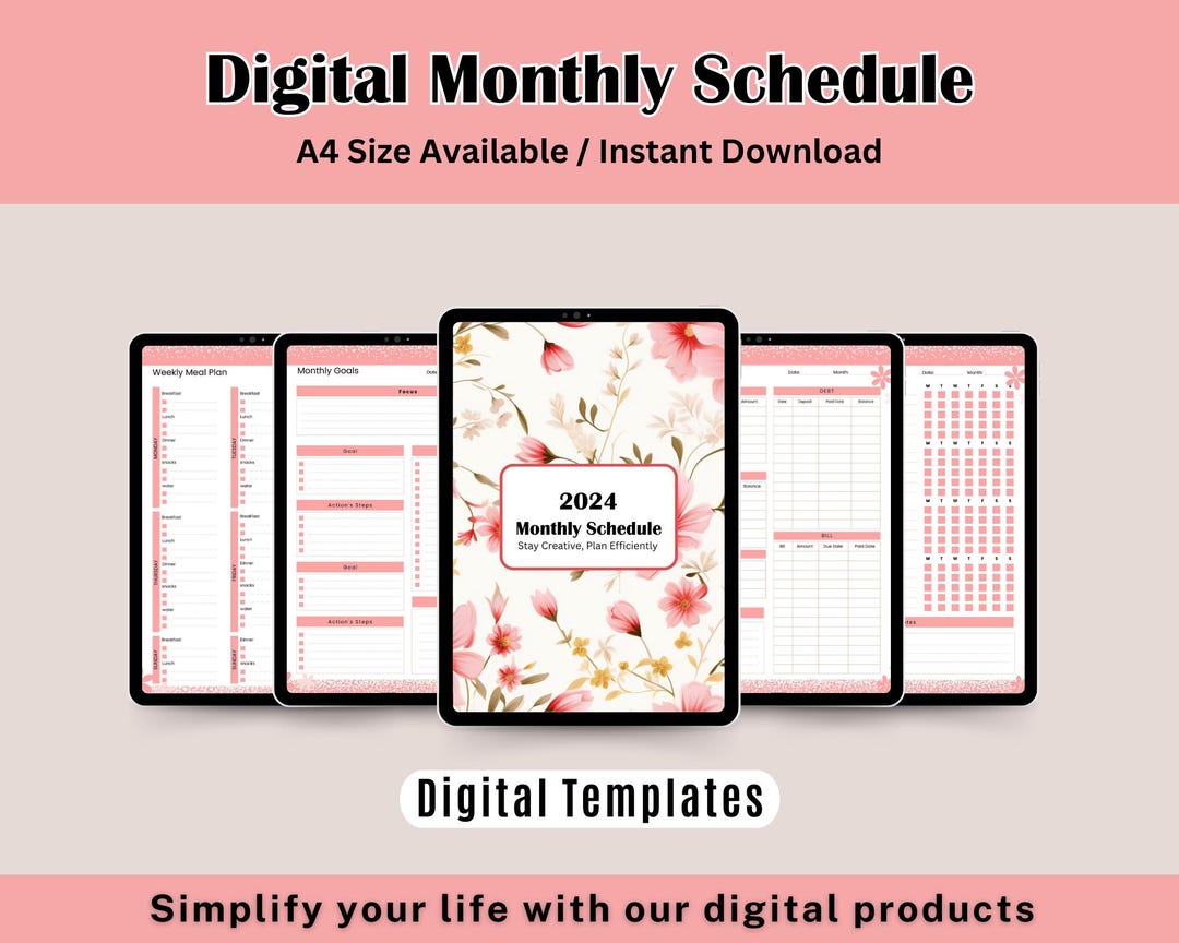 Monthly Schedule 2024 | Digital Monthly Planner | Weekly Meal Planner ...