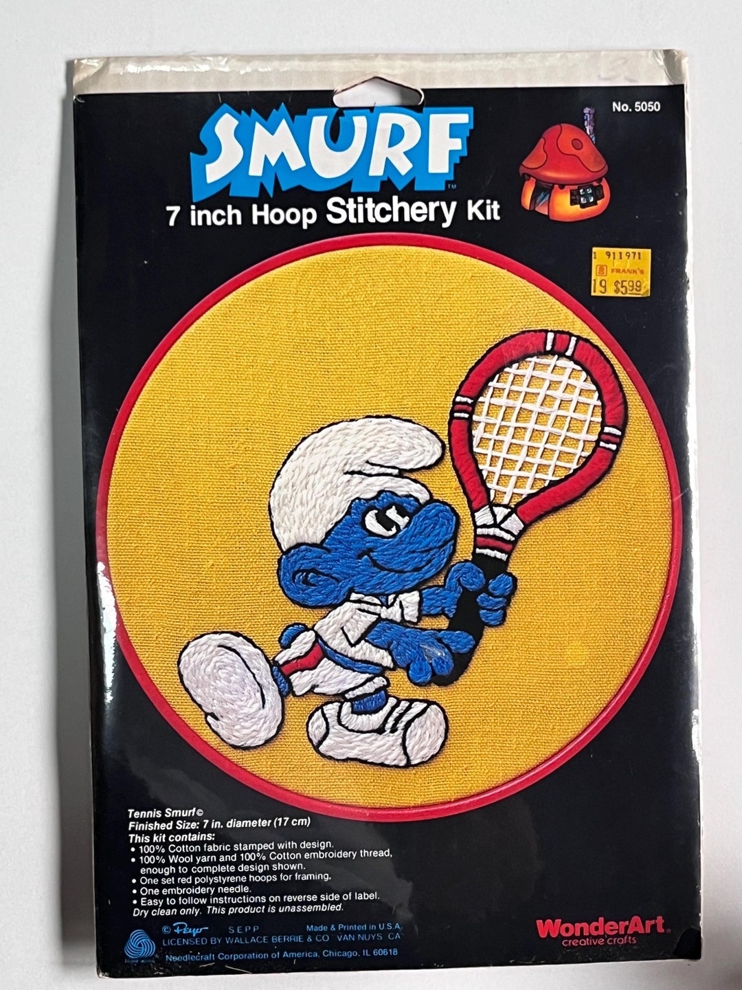 C. 1980s Smurf 7 Inch Hoop Stitchery Kit by Wonderart, Tennis Smurf ...