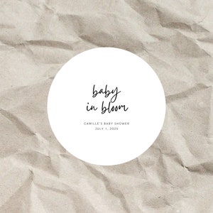Baby in Bloom Labels | Round White Stickers | Baby in Bloom Baby Shower ...