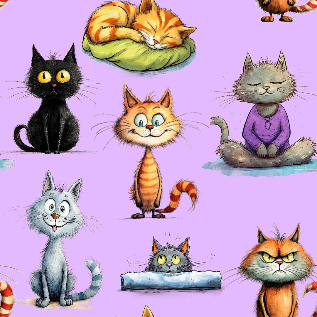 Crazy Cats 100% Cotton Fabric NEW Cat Kitten Funny Design Metres/fat ...