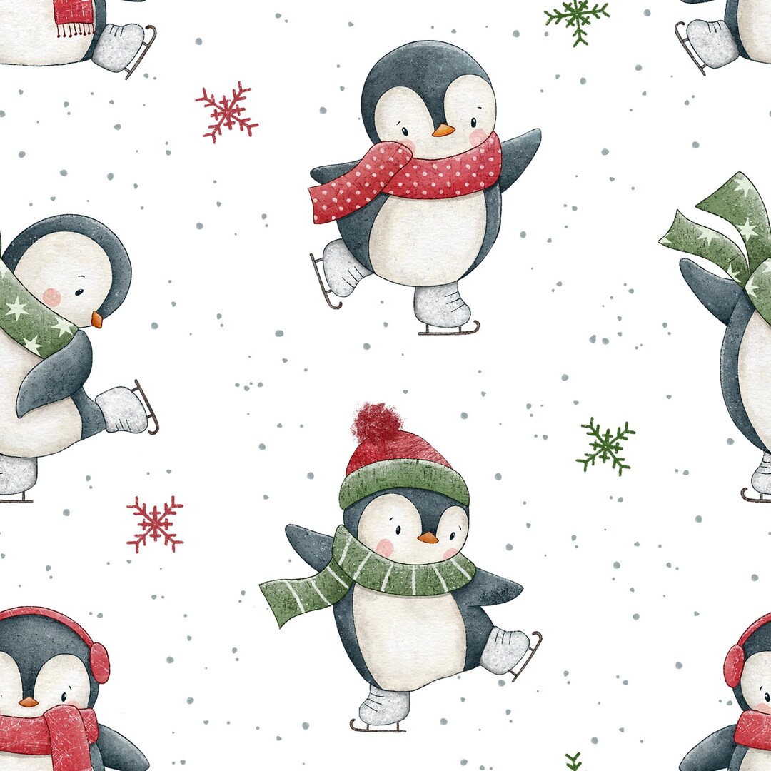 Ice Skating Penguins! 100% Cotton Fabric NEW Festive Design Metres/fat ...