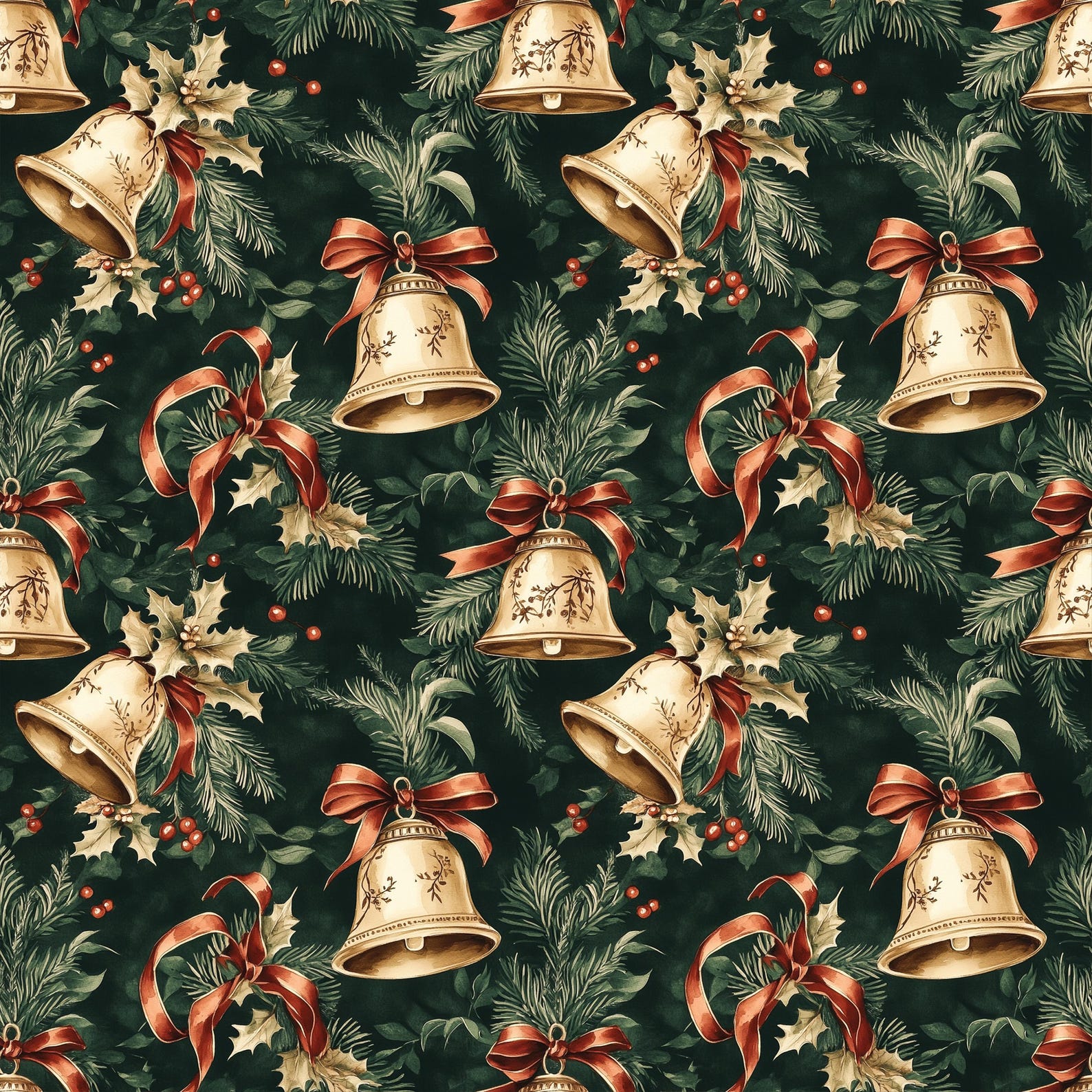 Bells & Ribbons on Green 100% Cotton Fabric NEW Festive Design Metres ...