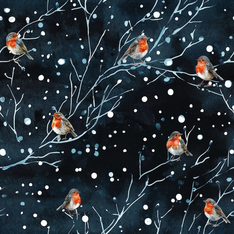 Snowy Robins! 100% Cotton Fabric NEW Christmas Tree Design Metres/fat ...