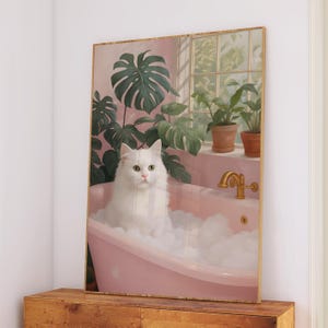 Persian Cat in Bath Tub Pink Whimsical Art Print Cat Lover Gift Digital ...