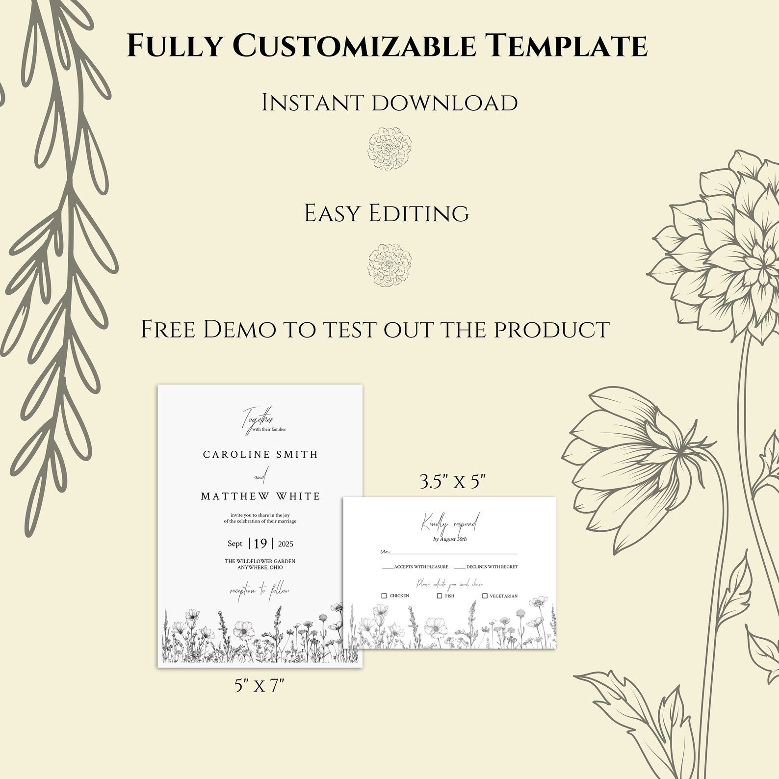 Wildflower Wedding Invitation Template, Instant Download, Templett ...