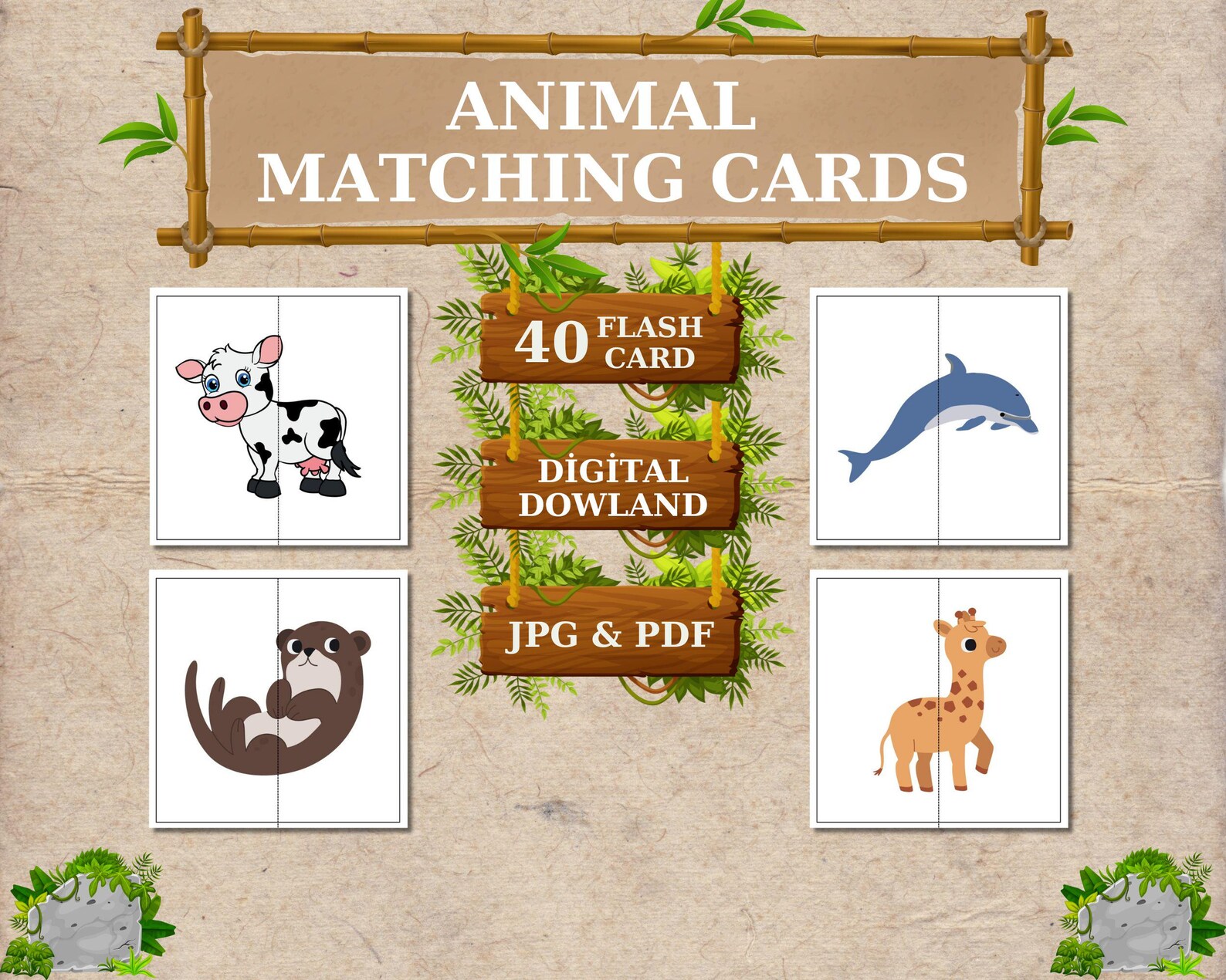 40 Flash Cards Animal Matching Cards Montessori Cards Educational ...