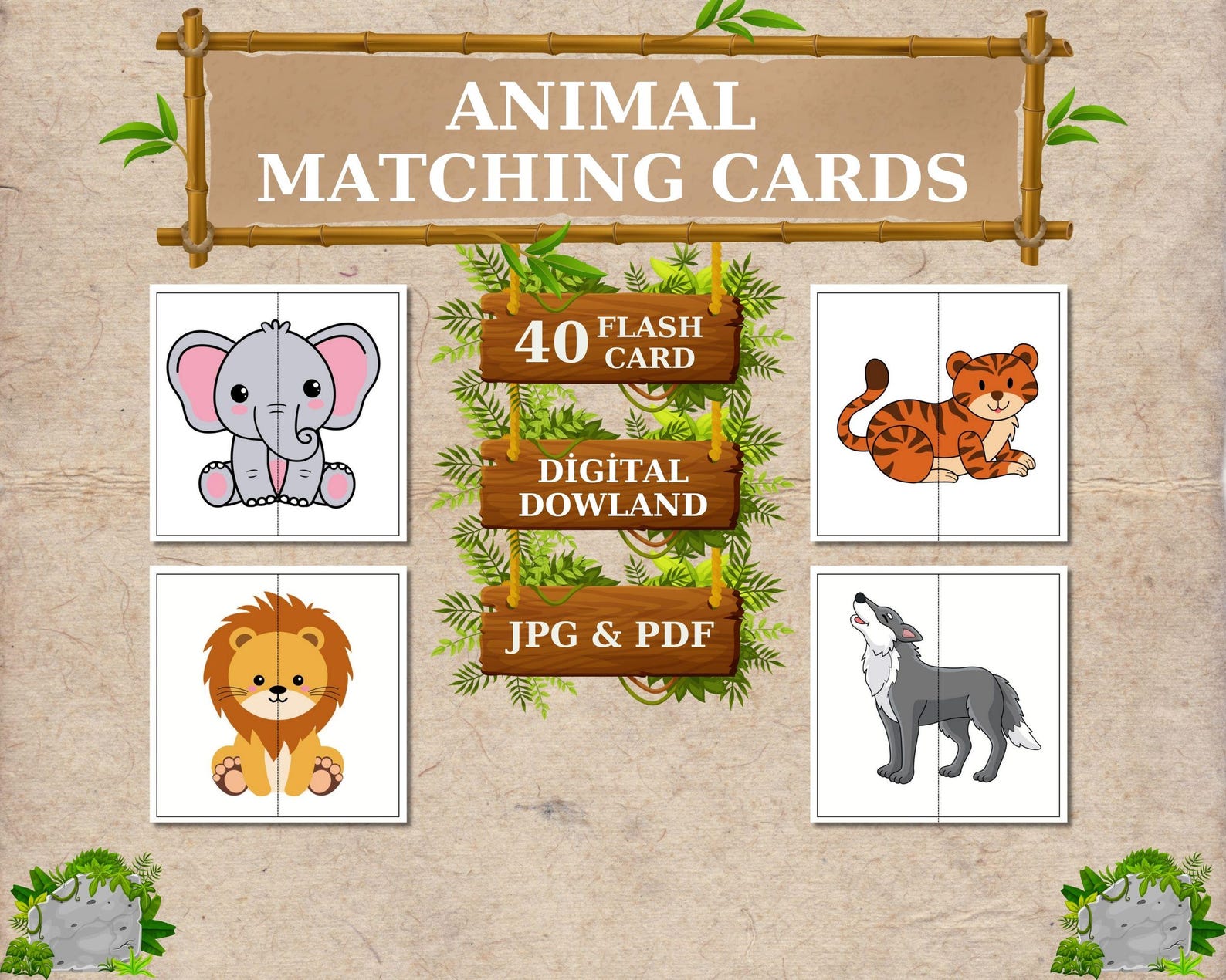 40 Flash Cards Animal Matching Cards Montessori Cards Educational ...
