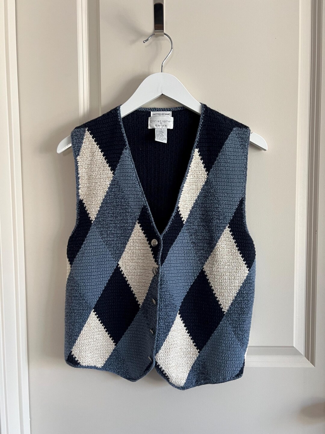 Hand Knit Vest / Argyle Print Vest / Blue Cotton Vest / Vintage Vest - Etsy