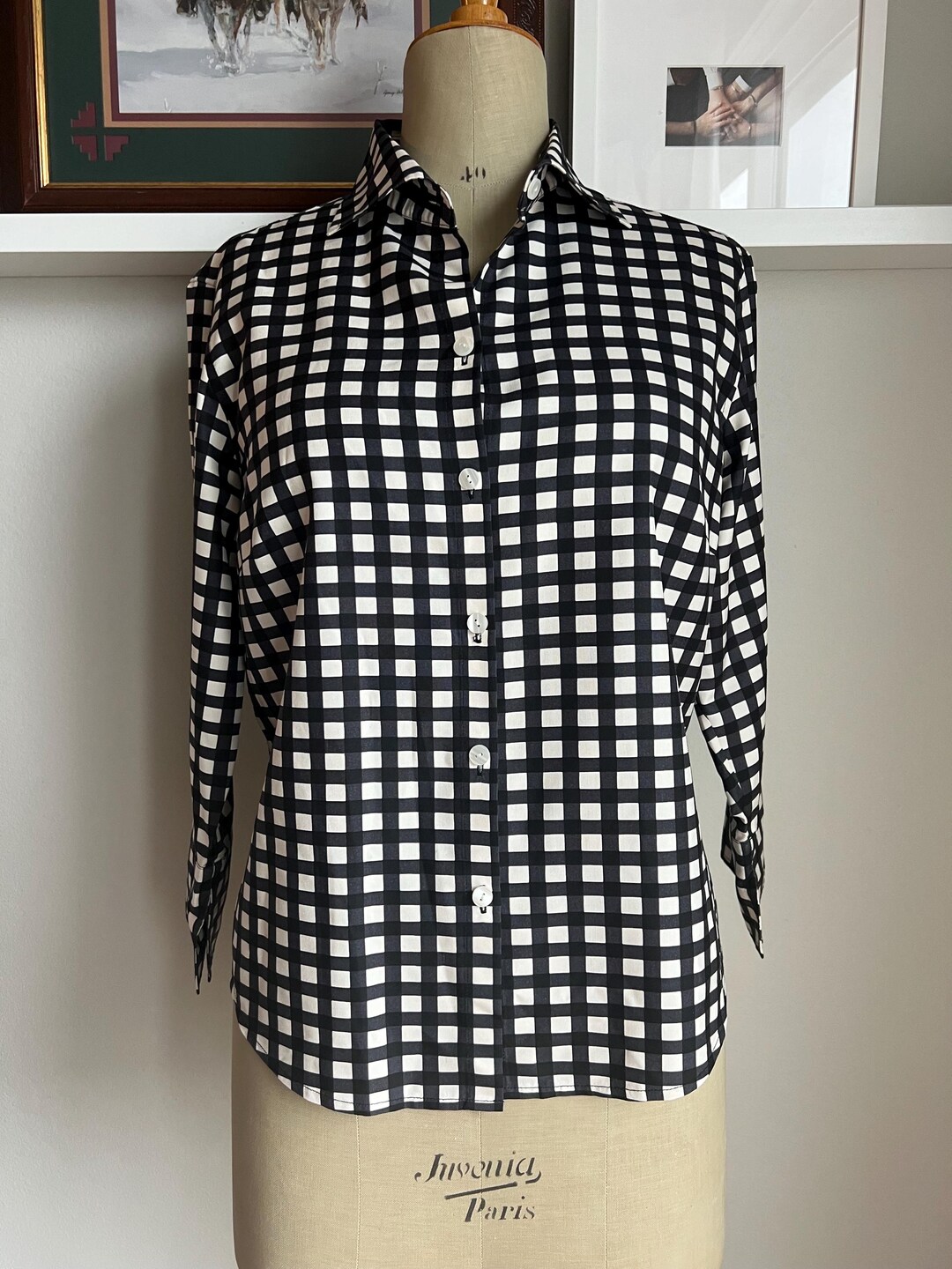 Vintage Black and White Buffalo Plaid Checkered Silk Button Down Blouse ...