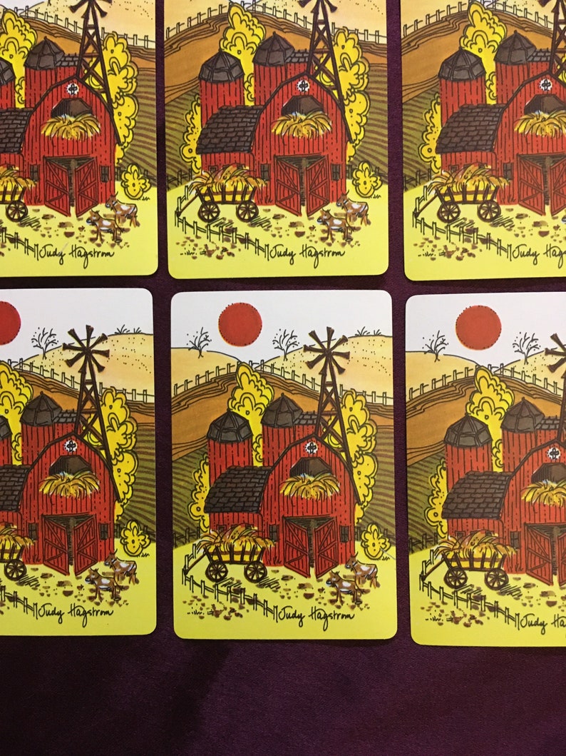 Red Barn / Red Sun / Vintage Playing Cards / Set of 6 Individual Cards ...