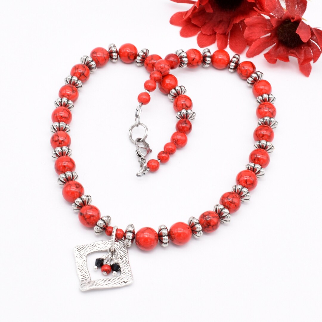 Red Beaded Necklace, Pendant Necklace, Anniversary Gift for Wife ...