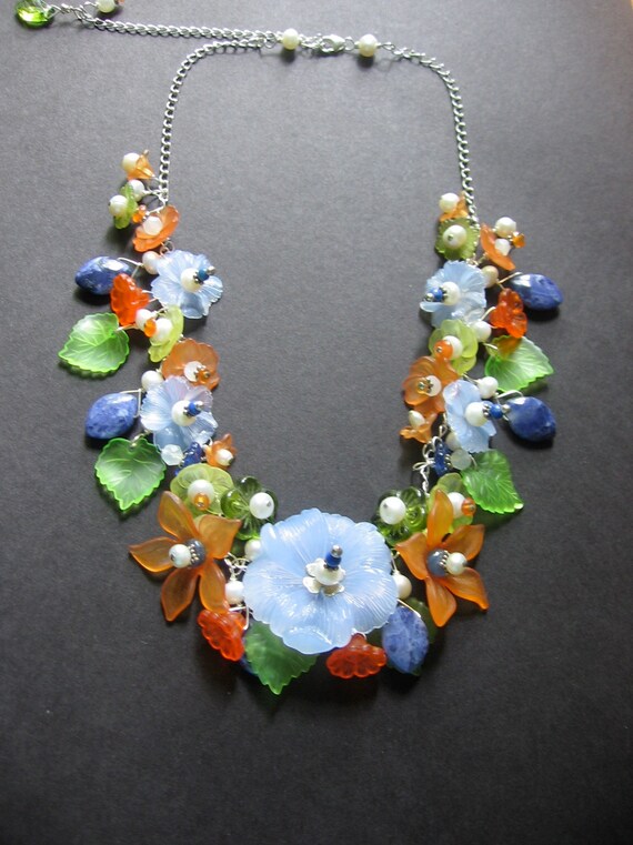 Flower Necklace Lucite Sterling Silver Pearl Glass Etsy