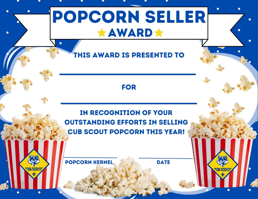 Cub Scout Popcorn Seller Award Certificate - Etsy