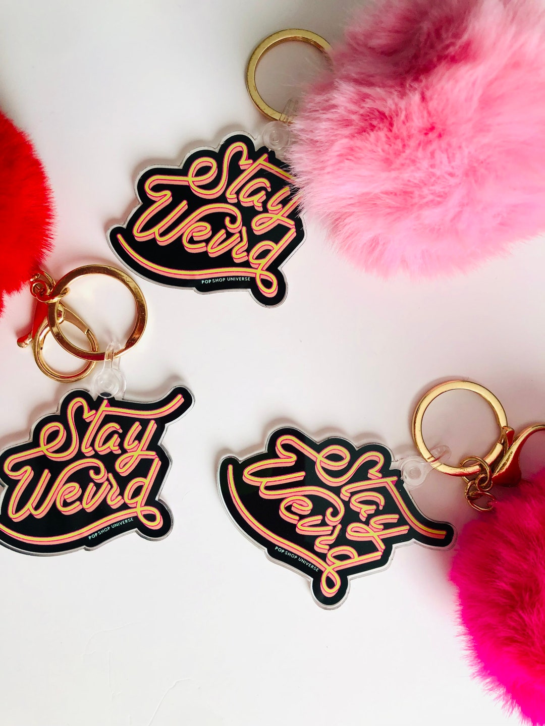 Stay Weird Keychain With Pom Pom, Stay Weird My Friends, Tassel Purse ...