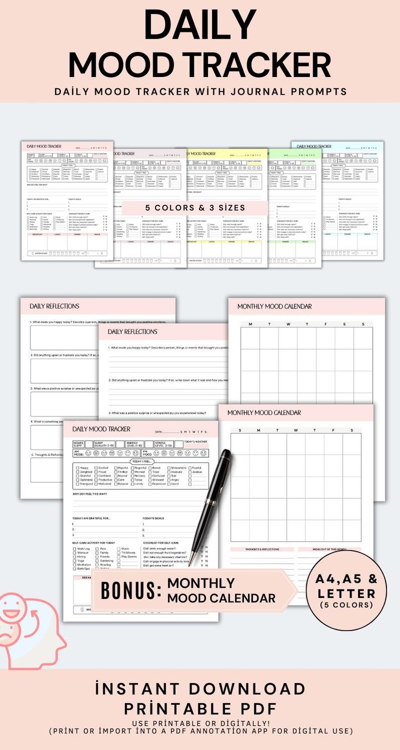 Mood Tracker Journal Printable Mood Journal Prompts for Mental Health ...