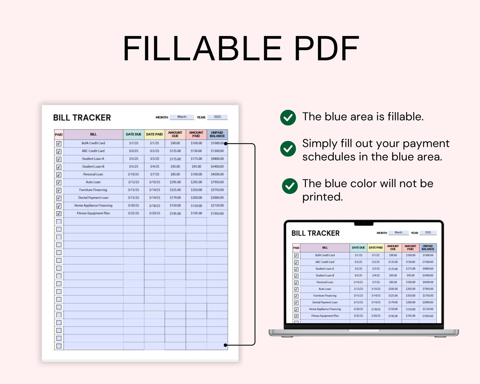 Bill Tracker Fillable Bill Payment Tracker Printable Bill Log Personal ...