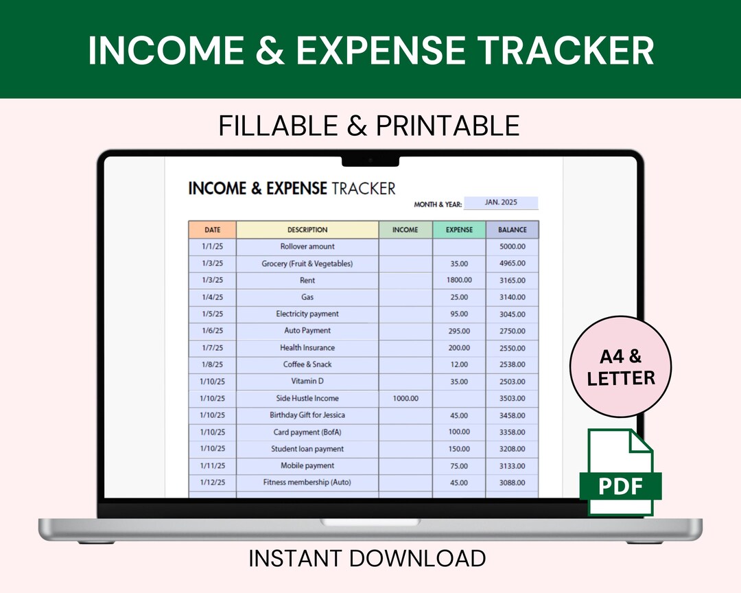 Income and Expense Tracker Printable and Fillable Monthly Spending ...