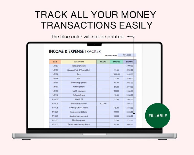 Income and Expense Tracker Printable and Fillable Monthly Spending ...