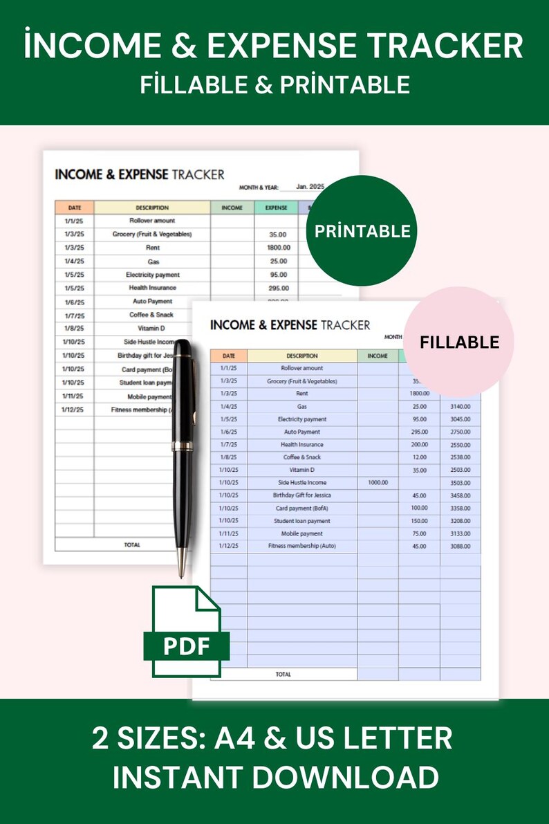 Income and Expense Tracker Printable and Fillable Monthly Spending ...
