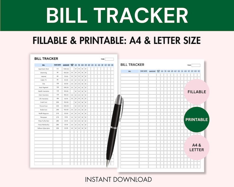 Bill Tracker Fillable Bill Payment Tracker Printable Personal Finance ...