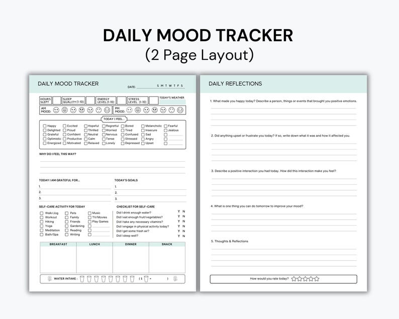 Mood Tracker Printable With Mood Journal Prompts Self Care Planner Wellness Tracker Year in ...