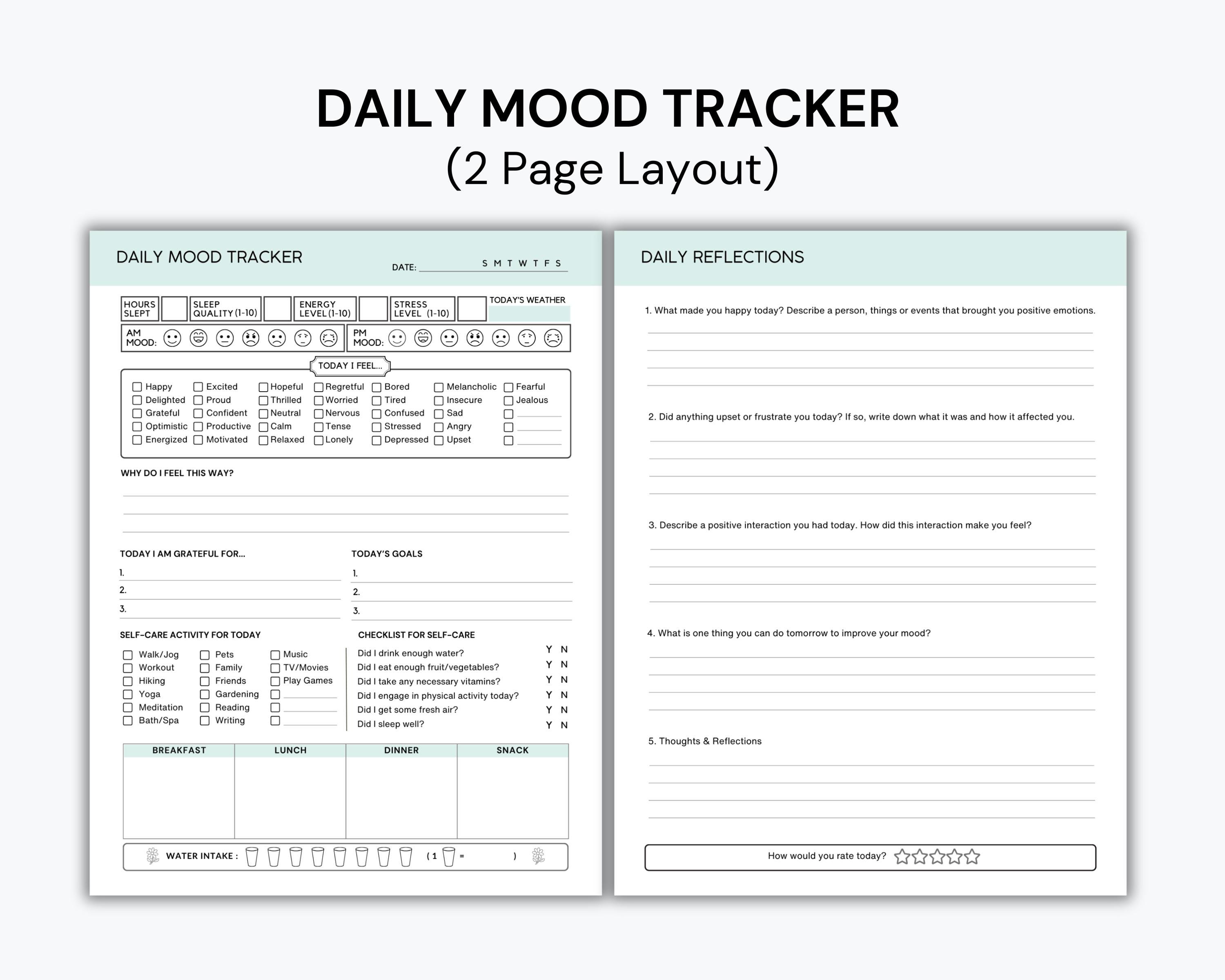 Mood Tracker Printable With Mood Journal Prompts Self Care Planner ...