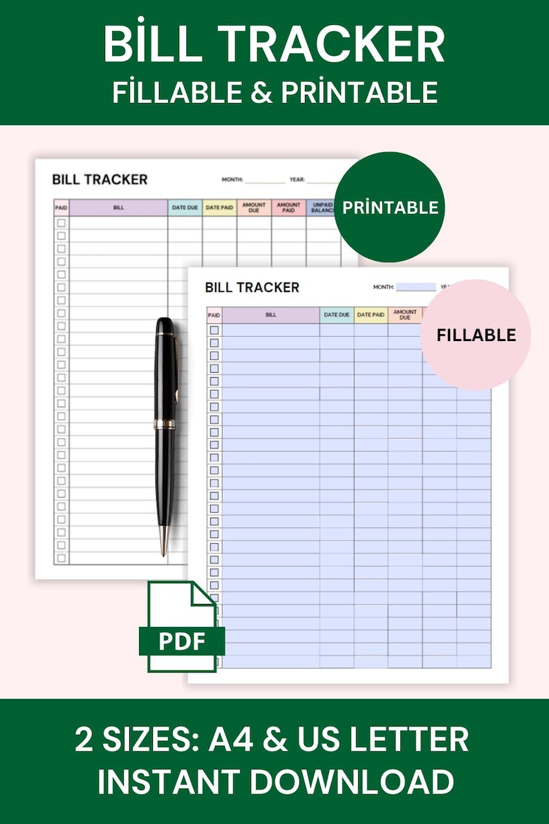 Bill Tracker Fillable Bill Payment Tracker Printable Bill Log Personal ...
