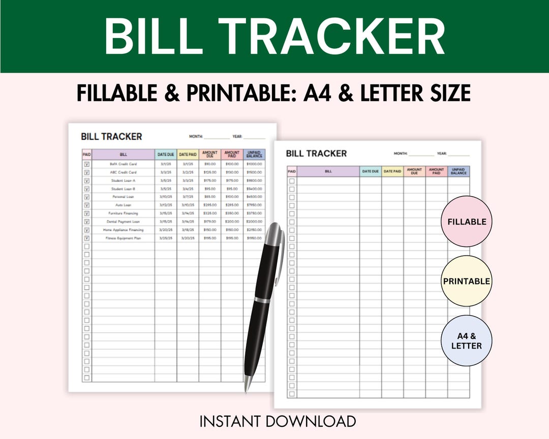 Bill Tracker Fillable Bill Payment Tracker Printable Bill Log Personal ...