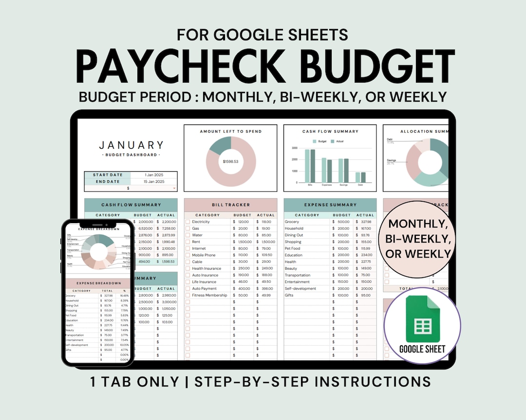 Paycheck Budget Spreadsheet Google Sheet Budget Monthly Budget by ...
