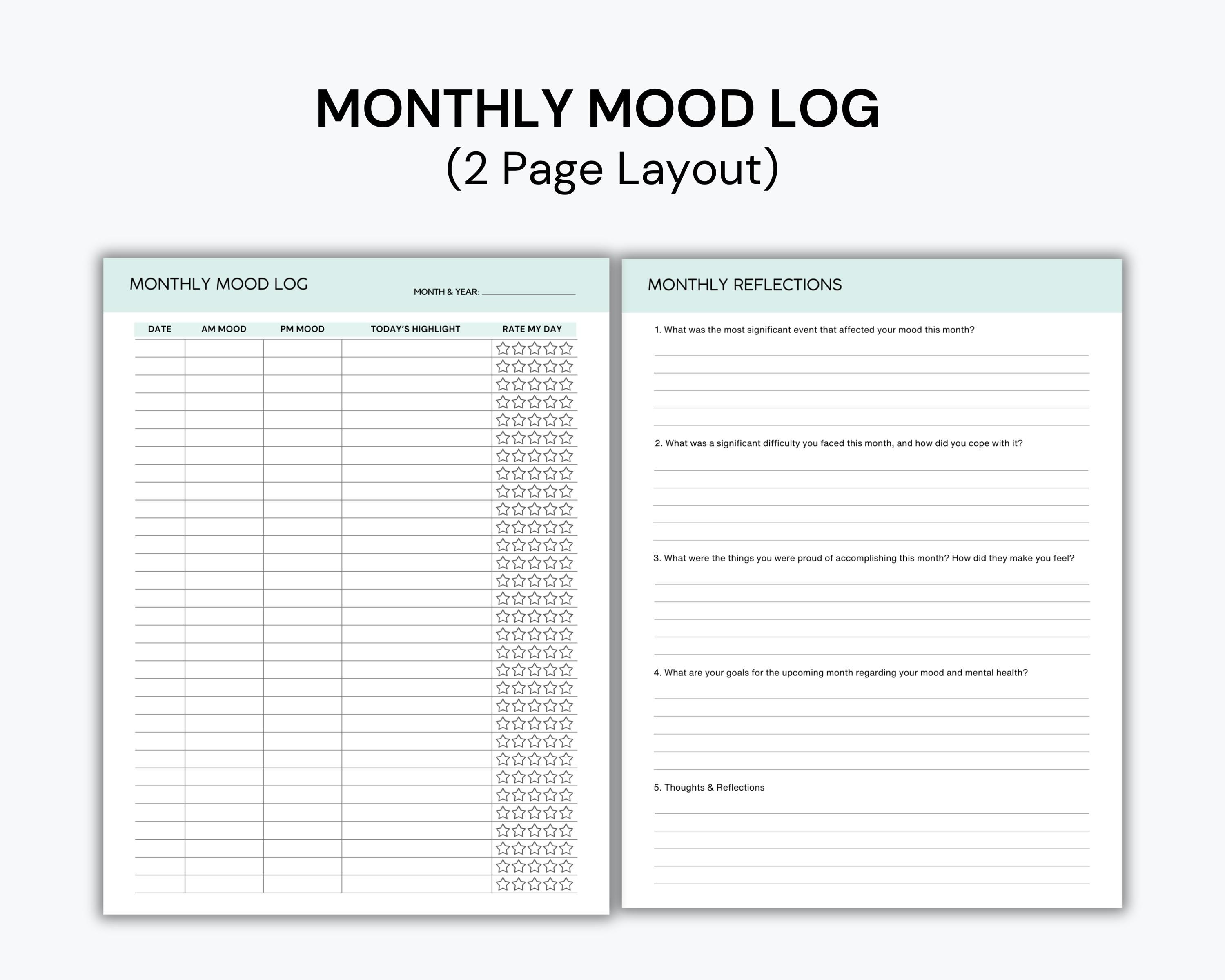Mood Tracker Printable With Mood Journal Prompts Self Care Planner ...