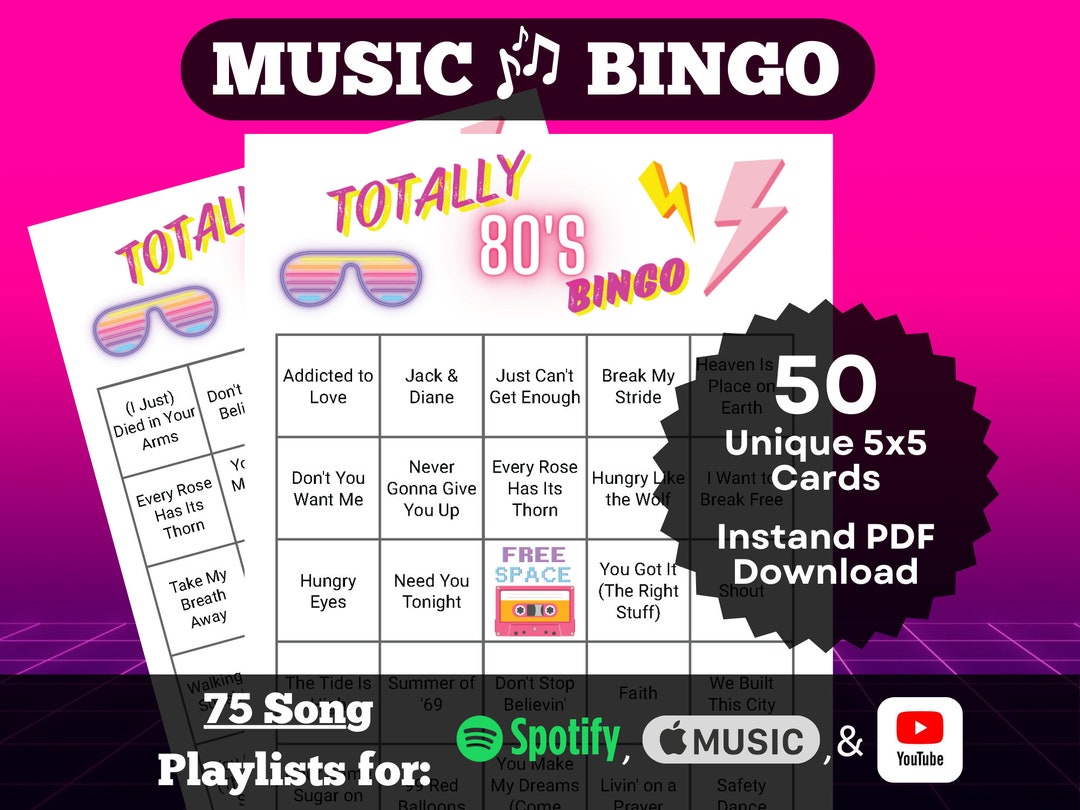 Music Bingo: Totally 80's Bingo. 50 Card Set. Instant PDF Download ...