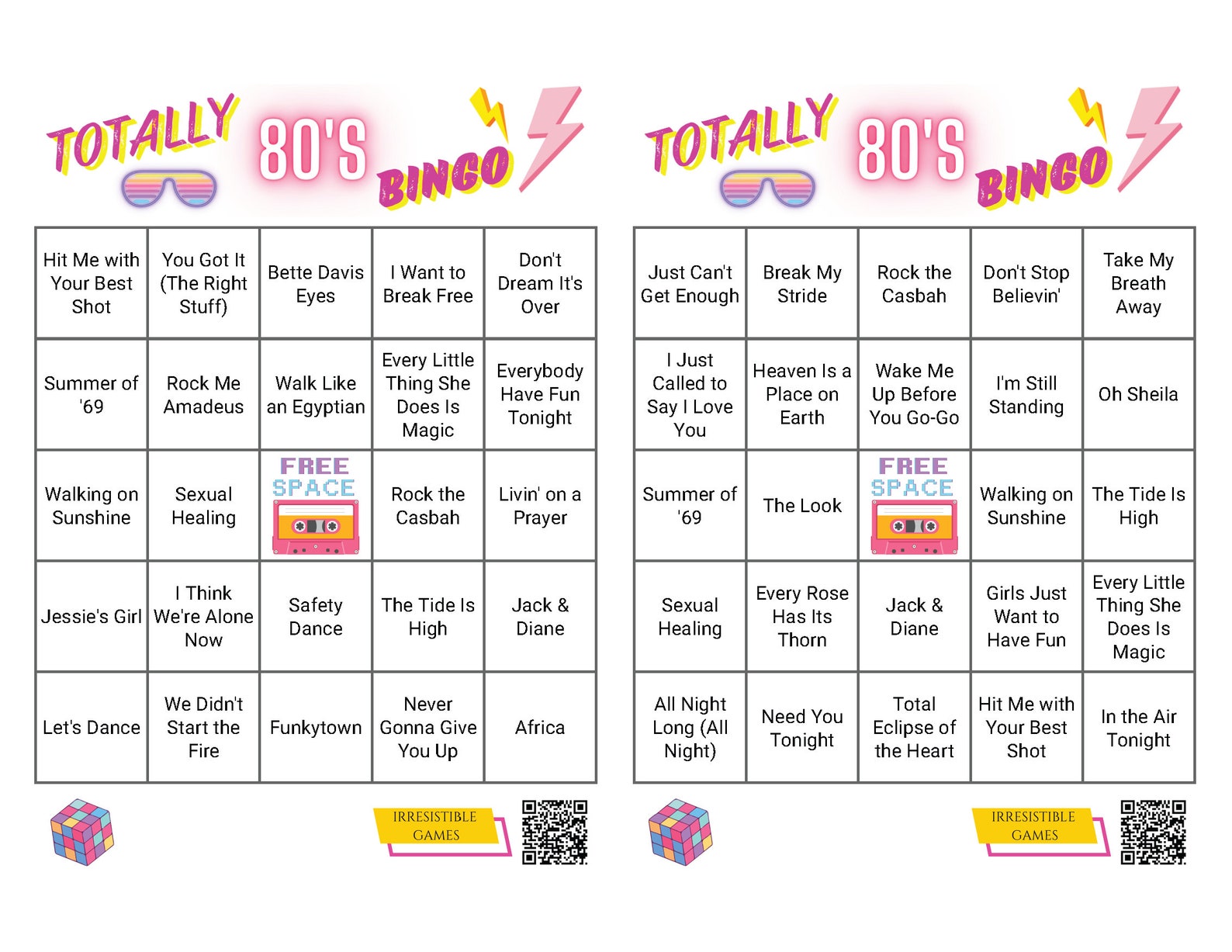 Music Bingo: Totally 80s Bingo. 50 Card Set. Instant PDF Download ...