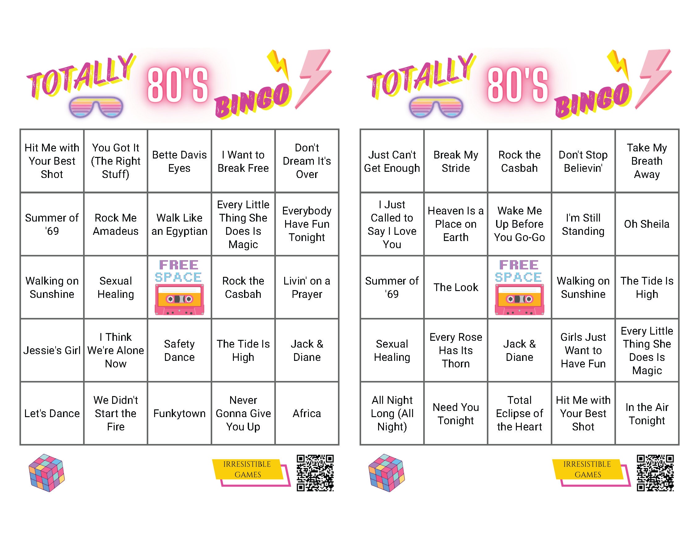 Music Bingo: Totally 80s Bingo. 50 Card Set. Instant PDF Download ...