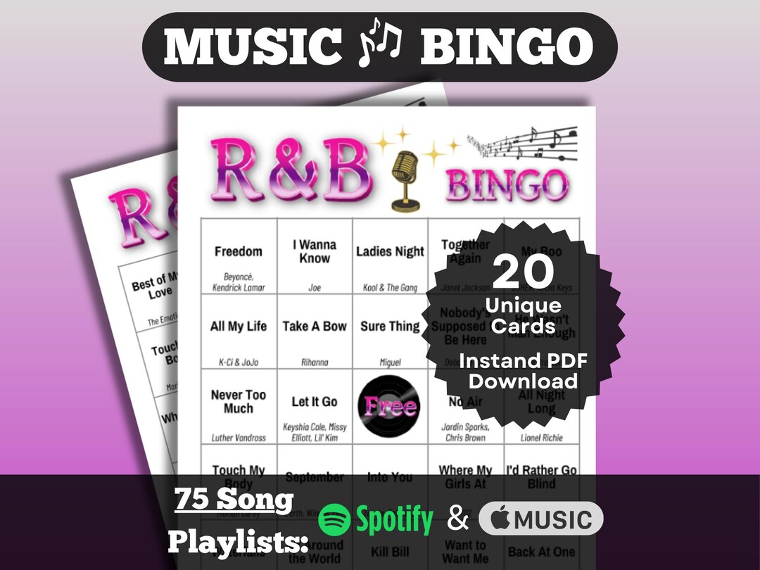 R&B Soul Music Bingo: 20 Card Set With Spotify/apple Playlists (instant ...