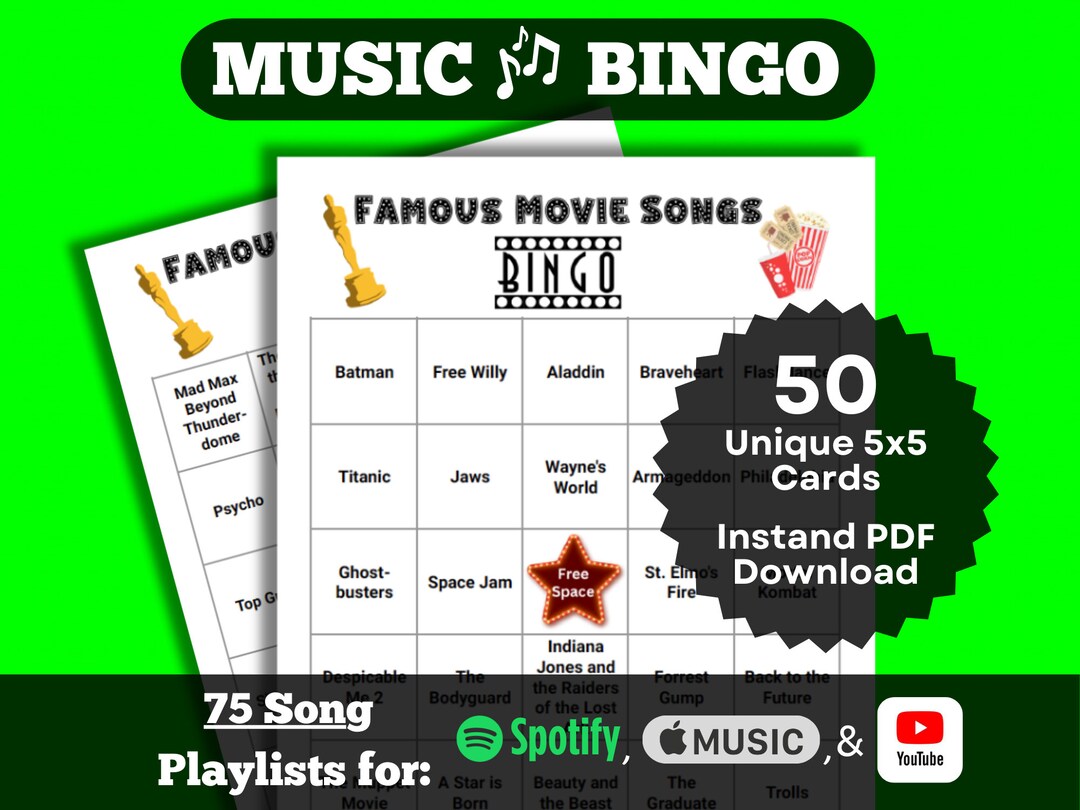 Music Bingo: Famous Movie Songs (movie Bingo, 50 Card Set, Instant PDF ...