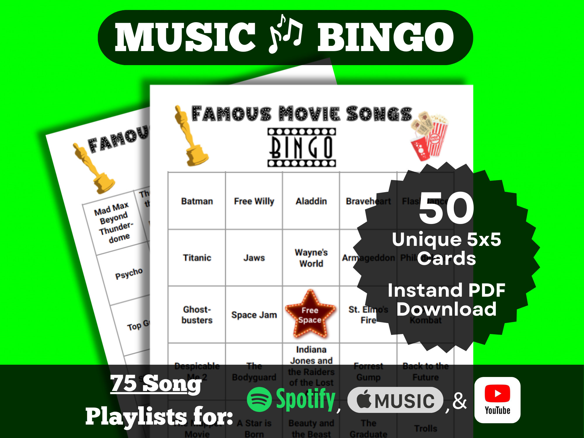 Music Bingo: Famous Movie Songs movie Bingo, 50 Card Set, Instant PDF ...