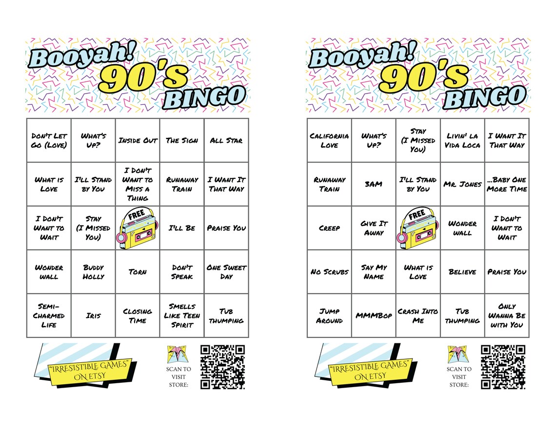 Music Bingo: 90's Bingo. music Hits From the 1990's, 50 Unique Cards ...