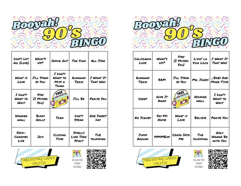 Music Bingo: 90's Bingo. music Hits From the 1990's, 50 Unique Cards ...